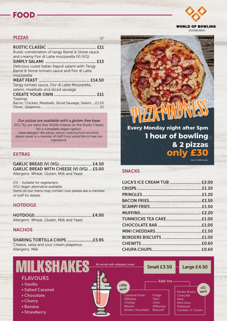 World Of Bowling Food & Drinks Menu – Marcos Leisure Group